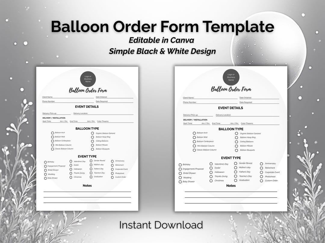 Balloon Order Form Template | Editable Canva Design (digital Download ...