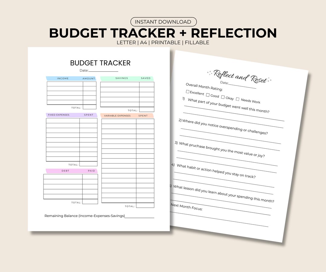 Printable and Fillable Monthly Budget Tracker With Reflection Page ...