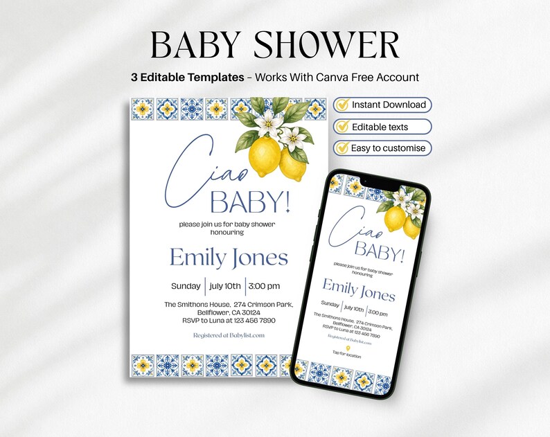 Ciao Baby Shower Invite, Italian Theme Bambino Invitation, Blue Tile ...