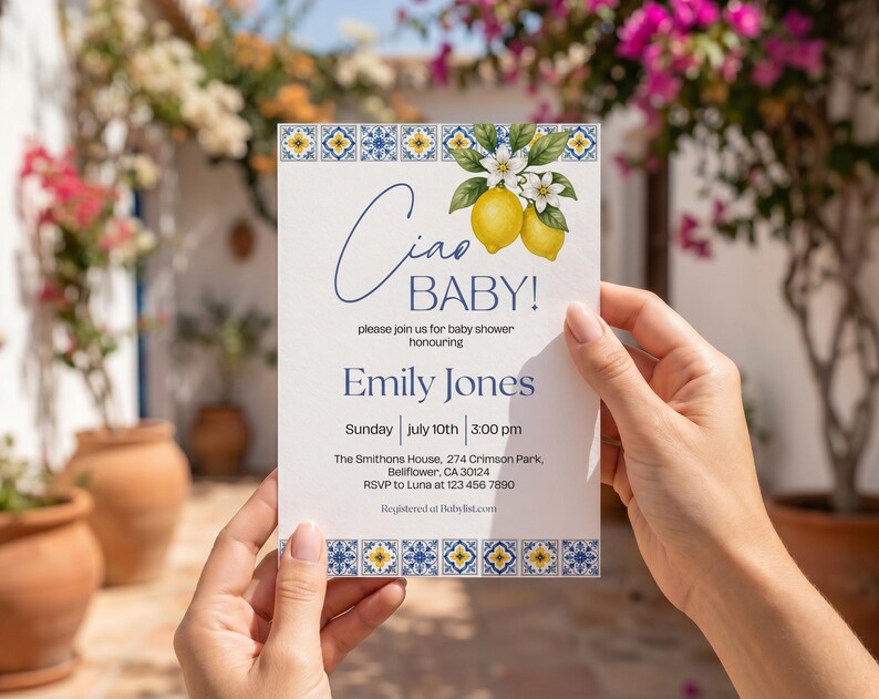 Ciao Baby Shower Invite, Italian Theme Bambino Invitation, Blue Tile ...