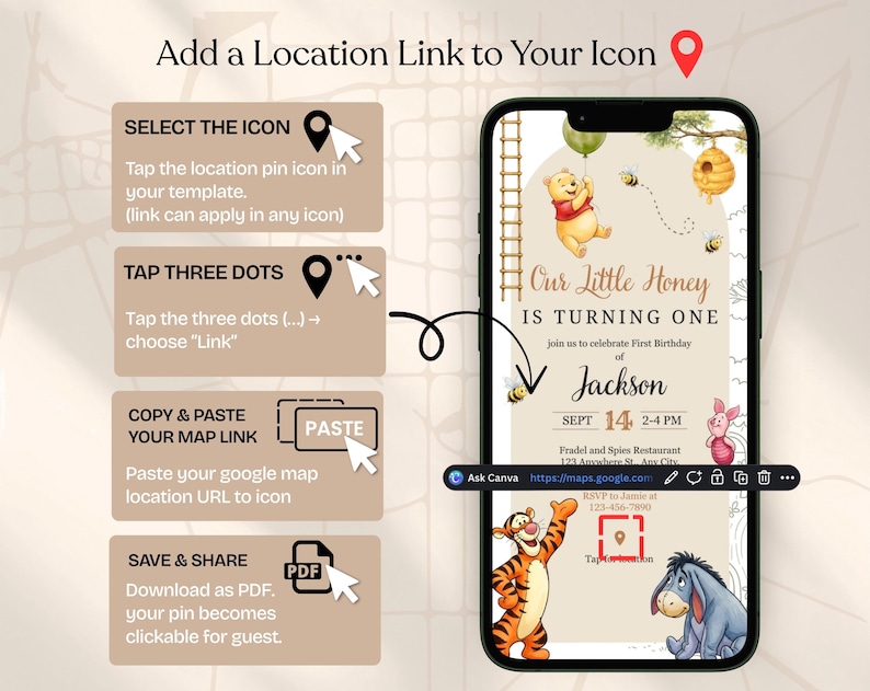 Winnie Pooh Honey Bear First Birthday Invitation Editable Canva Kids ...