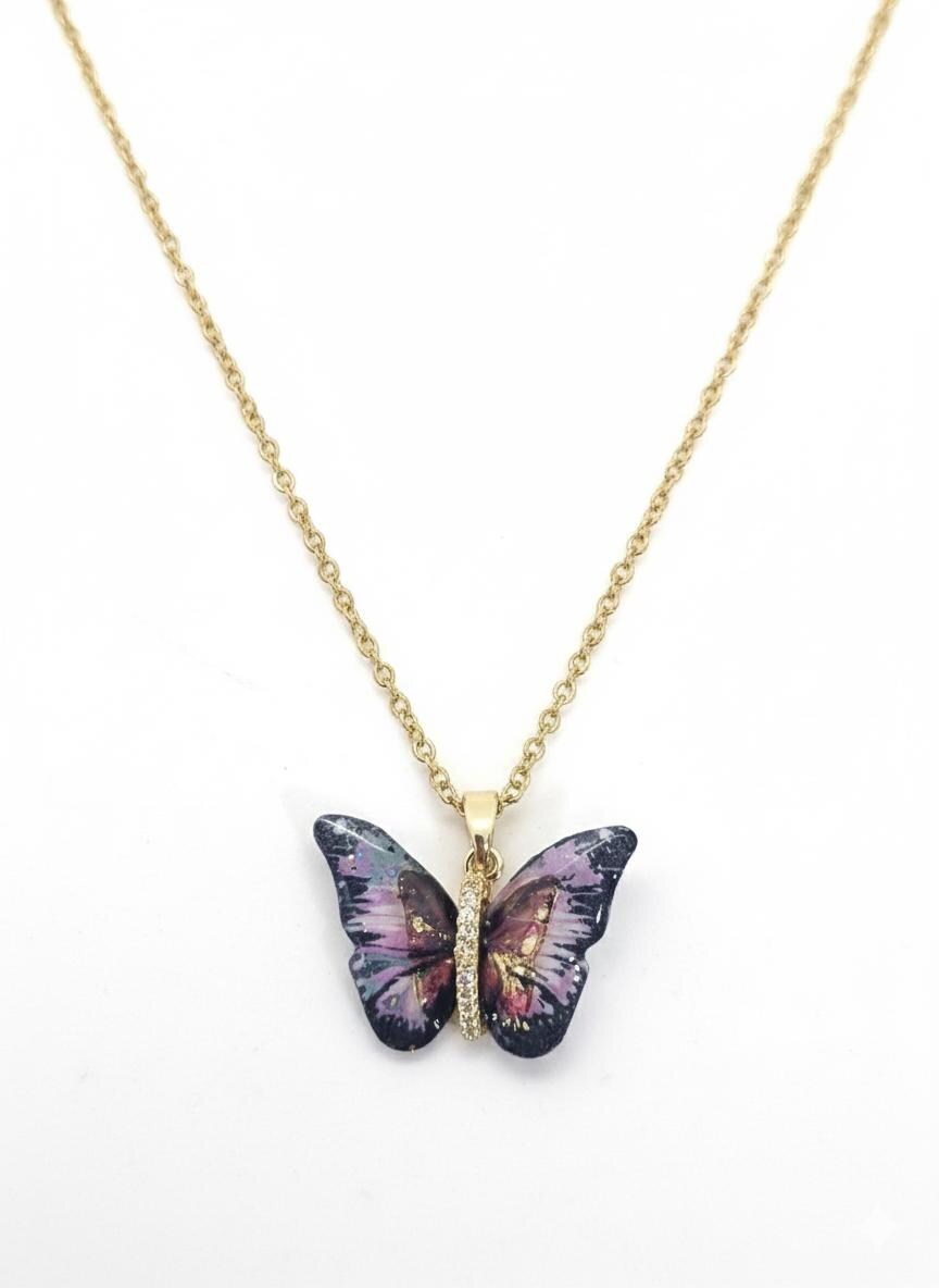Artistic Steel Purple Butterfly Necklace – Gold-plated Chain, Resin ...