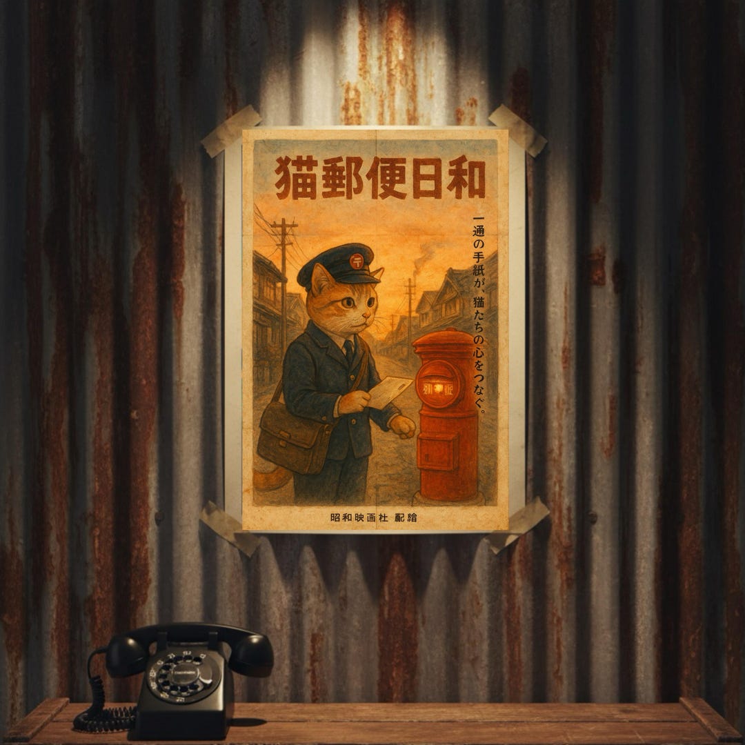 Vintage Japanese Cat Postman Poster | Showa-era Movie Style Retro Wall ...