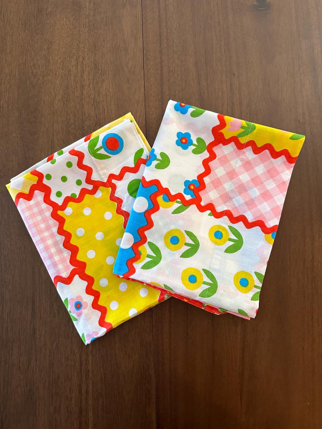 1970s Bright Floral Ric Rac and Gingham Pillow Case Set - Etsy