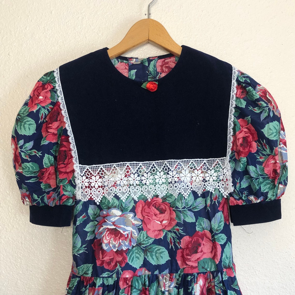 90s Rose Print Square Lace Collar Dress Girls (14) - Etsy