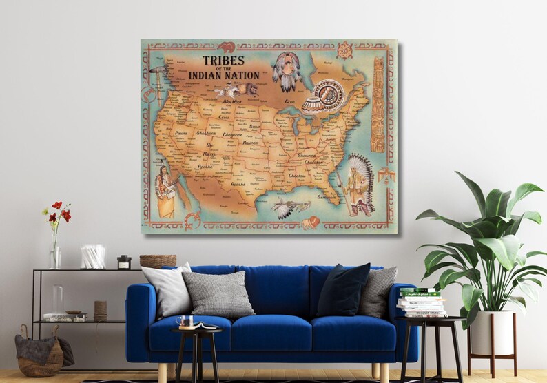 Tribes of Indian Nations Map Framed Canvas Wall Poster or Canvas Ready ...