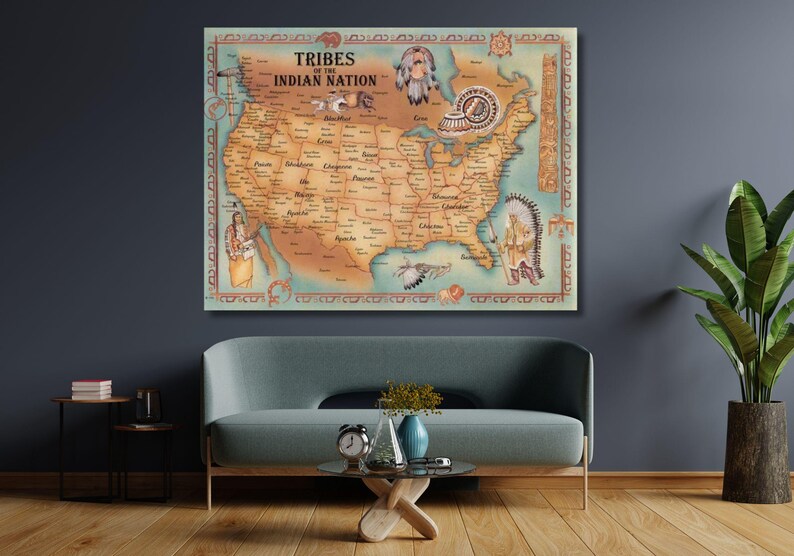 Tribes of Indian Nations Map Framed Canvas Wall Poster or Canvas Ready ...