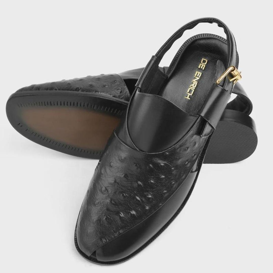 Men’s Handmade Black Leather Peshawari Chappal – Traditional Sandal for ...