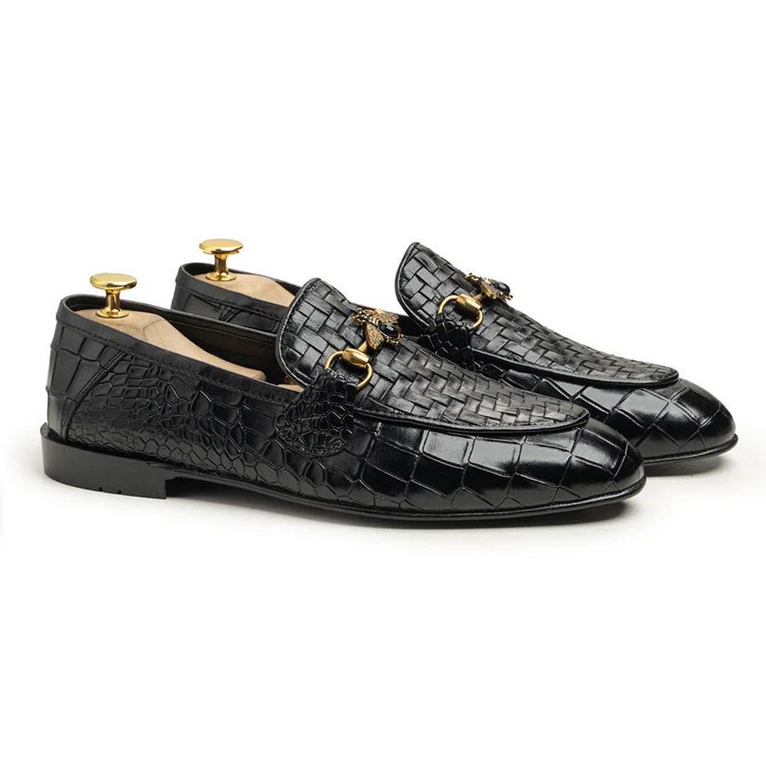 Handmade Brown Woven Leather Croc Texture Loafers: Men's Formal Shoes ...