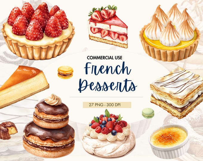 Watercolor French Patisserie Clipart Png Bundle, Patisserie Pastries ...
