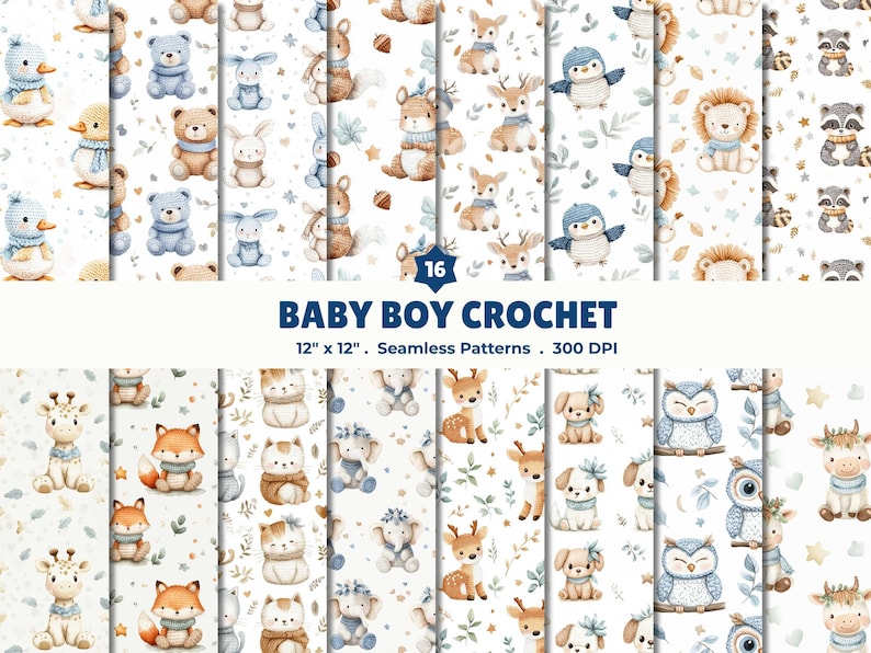 Crochet Animals Seamless Pattern Pack — Baby Boy Nursery Fabric & Print ...