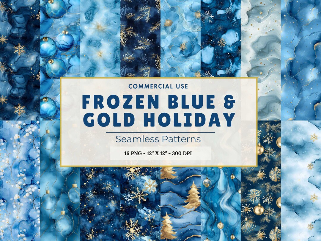 Blue Christmas Digital Paper Pack | Gold Winter Seamless Patterns for ...