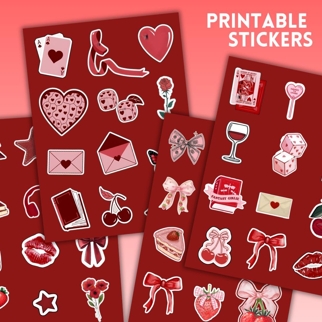 Strawberry & Bow Aesthetic Sticker Set , Cute Red Pink Stickers , Love ...