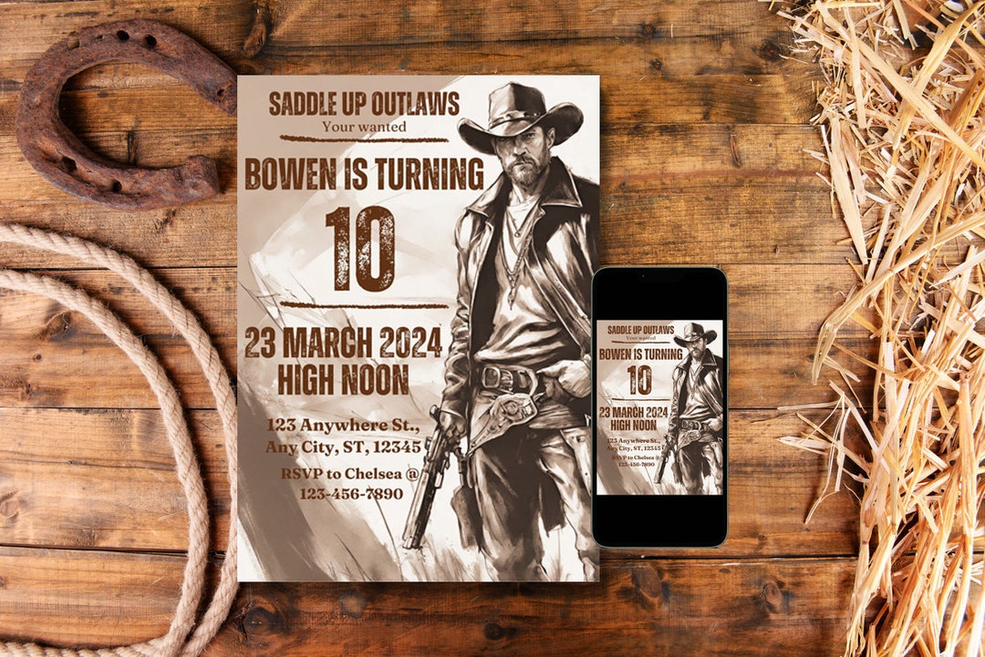 Outlaw Cowboy Birthday Digital Invitation Edit and Print at Home - Etsy