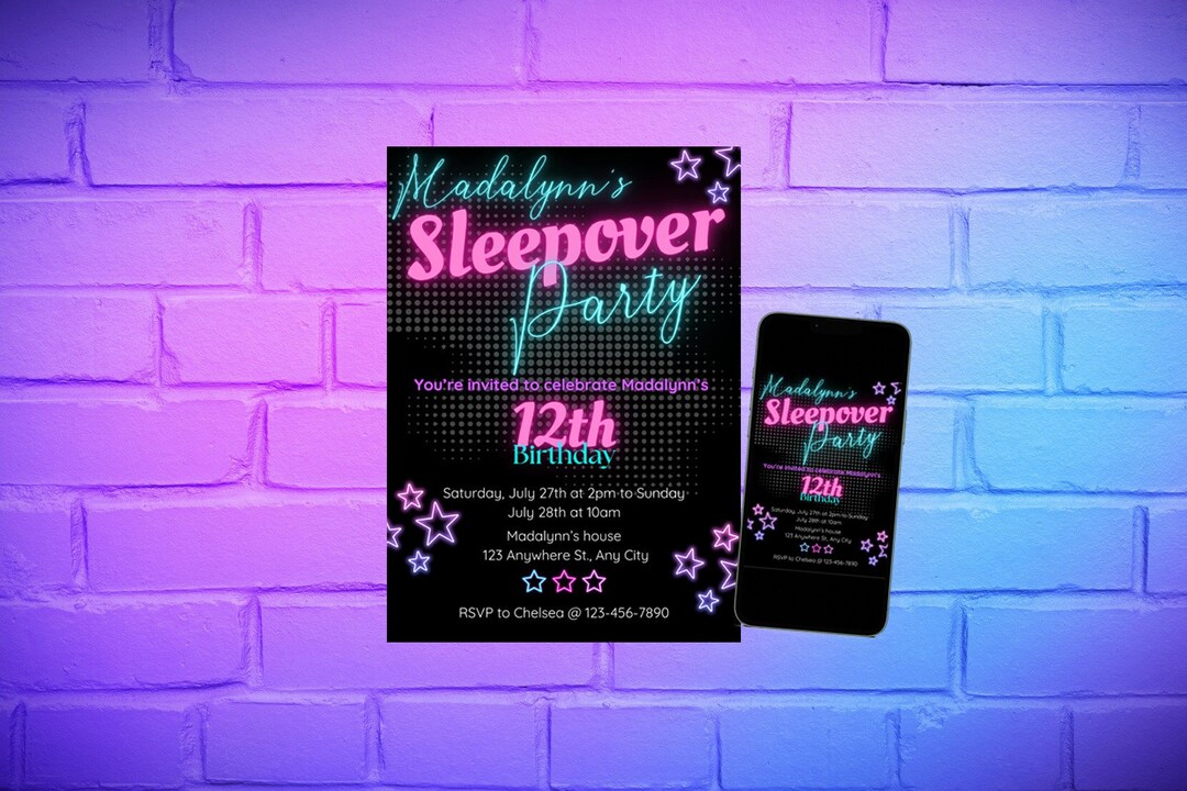 Neon Sleepover Party Digital Invitation Edit and Print at Home - Etsy