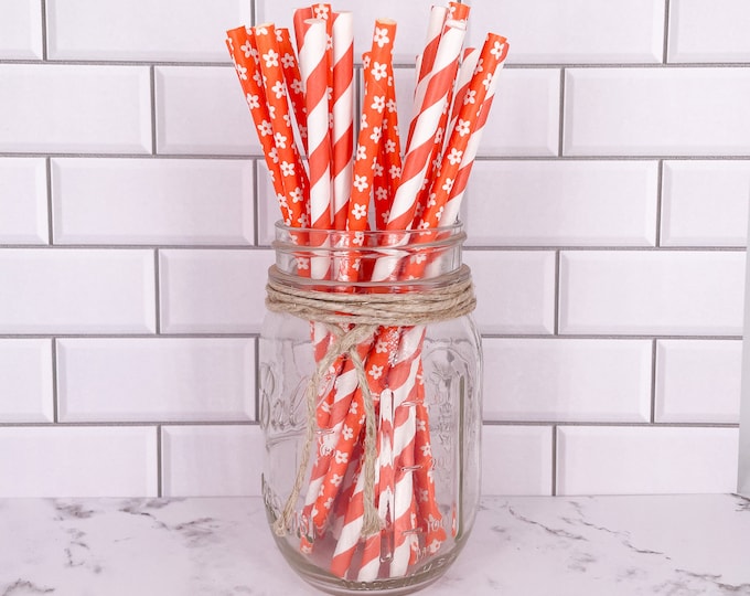 Orange Blossom and Orange Stripe Paper Straw Mix - Etsy