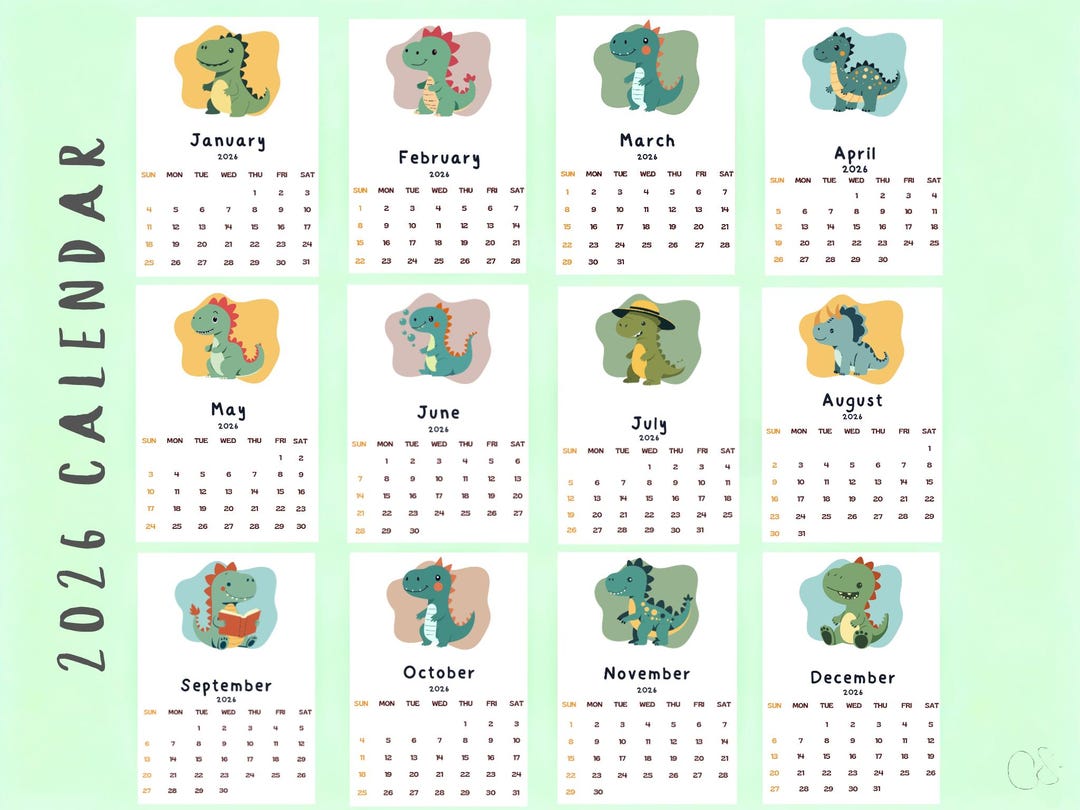 Printable 2026 Dinosaur Calendar for Kids — Cute Dino-themed Monthly ...