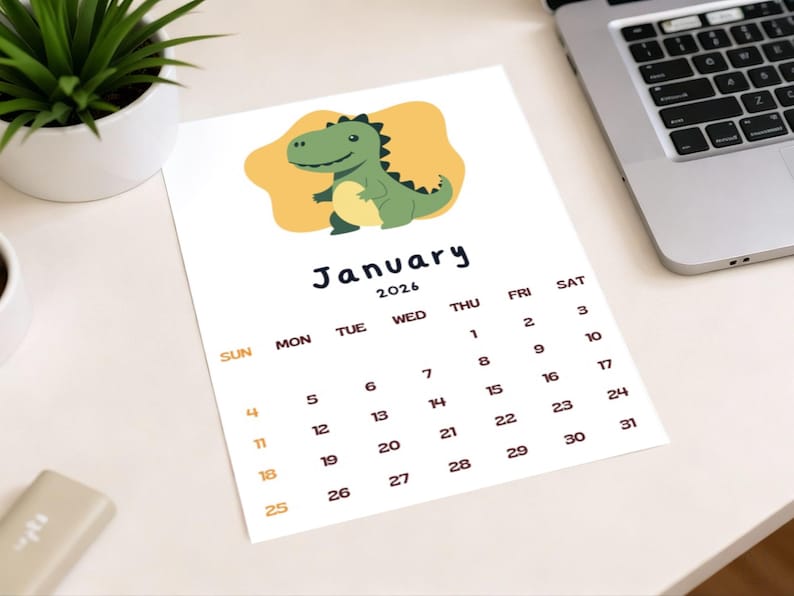 Printable 2026 Dinosaur Calendar for Kids — Cute Dino-themed Monthly ...