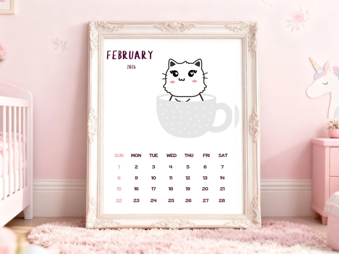 Printable 2026 Calendar for Kids and Cat Lovers- Cute Cats in a Cup ...