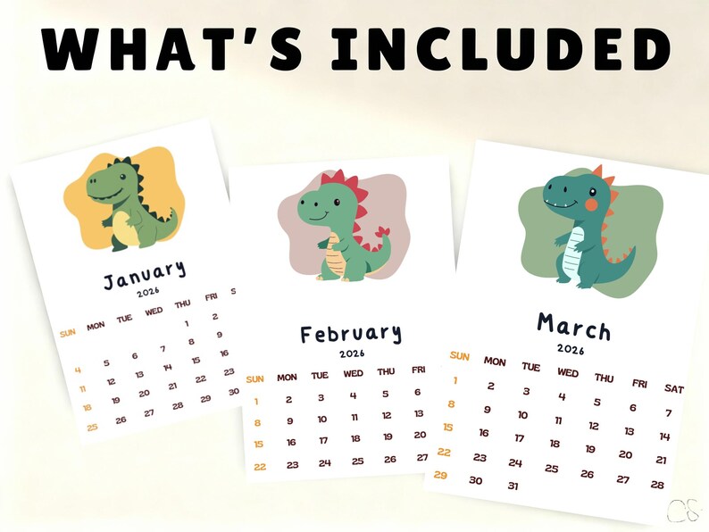 Printable 2026 Dinosaur Calendar for Kids — Cute Dino-themed Monthly ...