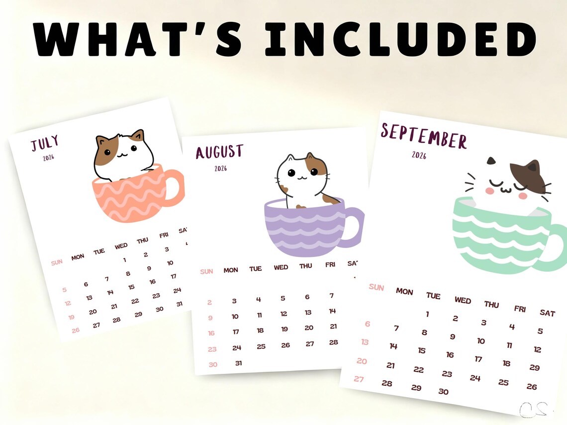 Printable 2026 Calendar for Kids and Cat Lovers- Cute Cats in a Cup ...