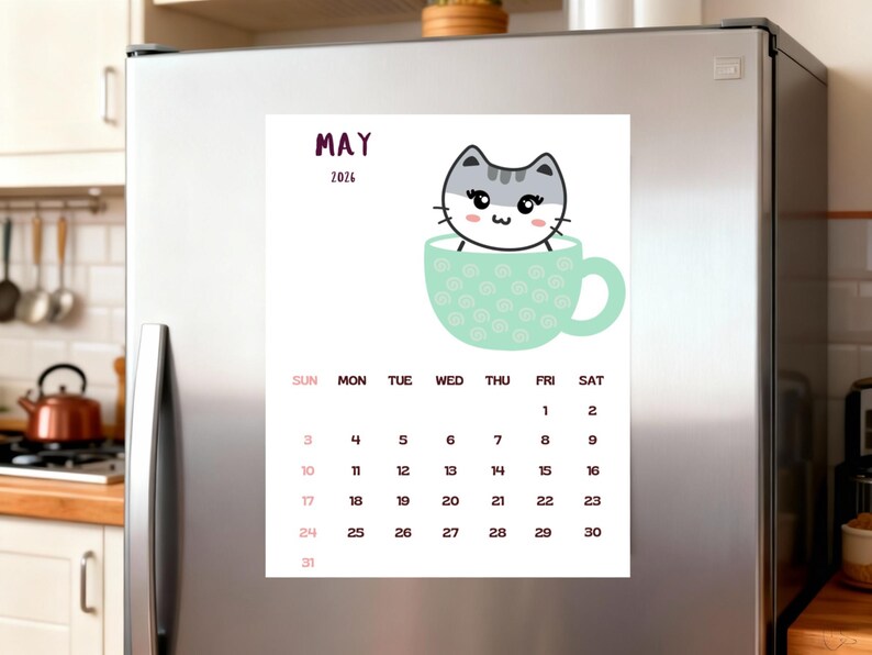 Printable 2026 Calendar for Kids and Cat Lovers- Cute Cats in a Cup ...