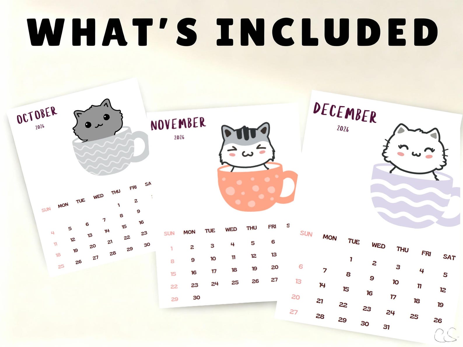 Printable 2026 Calendar for Kids and Cat Lovers- Cute Cats in a Cup ...