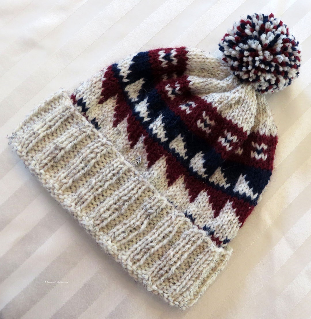 Nordic Hand Knit Intarsia Hat - White Blue Red Wool Blend - 20"-24 ...