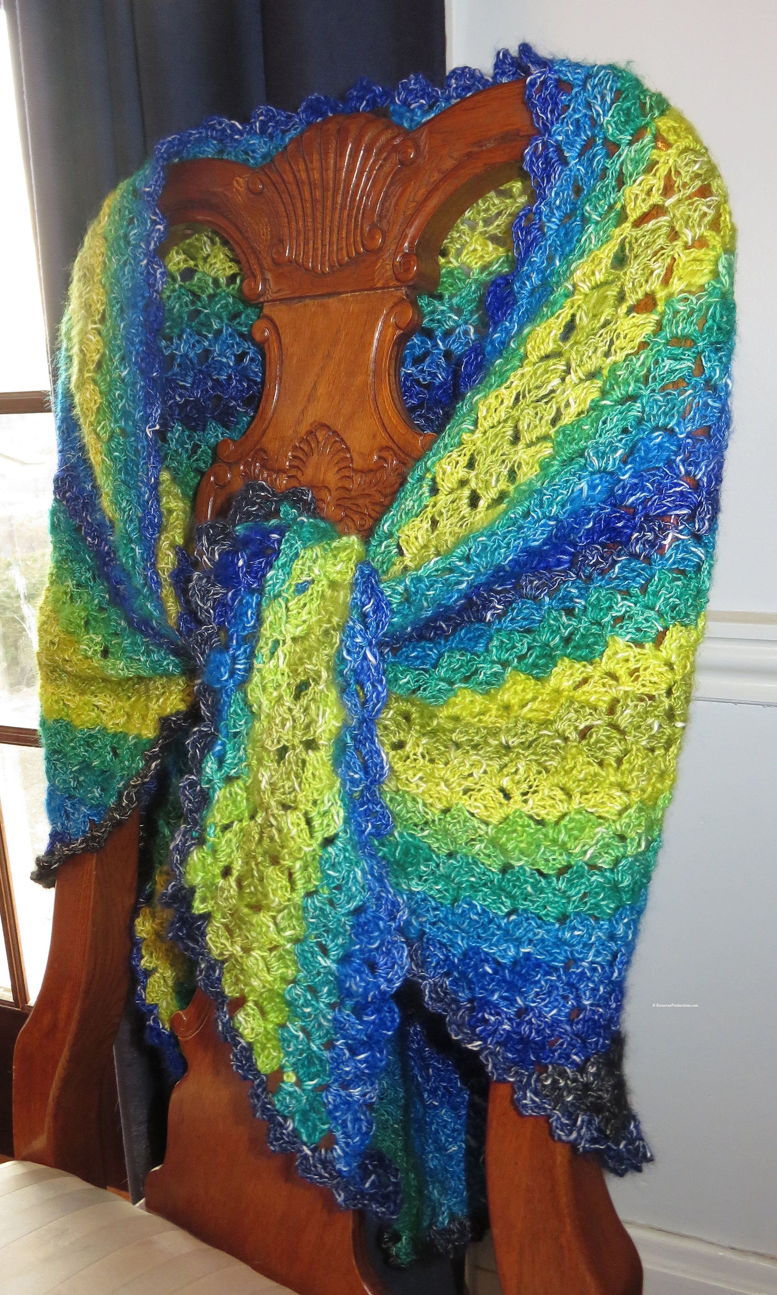 New Triangle Shawl Scarf - Blue Turquoise Green Chartreuse Hand Crochet ...