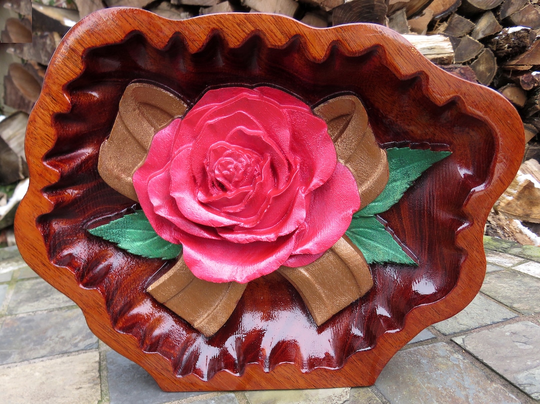 Red Rose Engraved in Heavy Mahogany Wood - 3 Dimensional Hand Painted ...