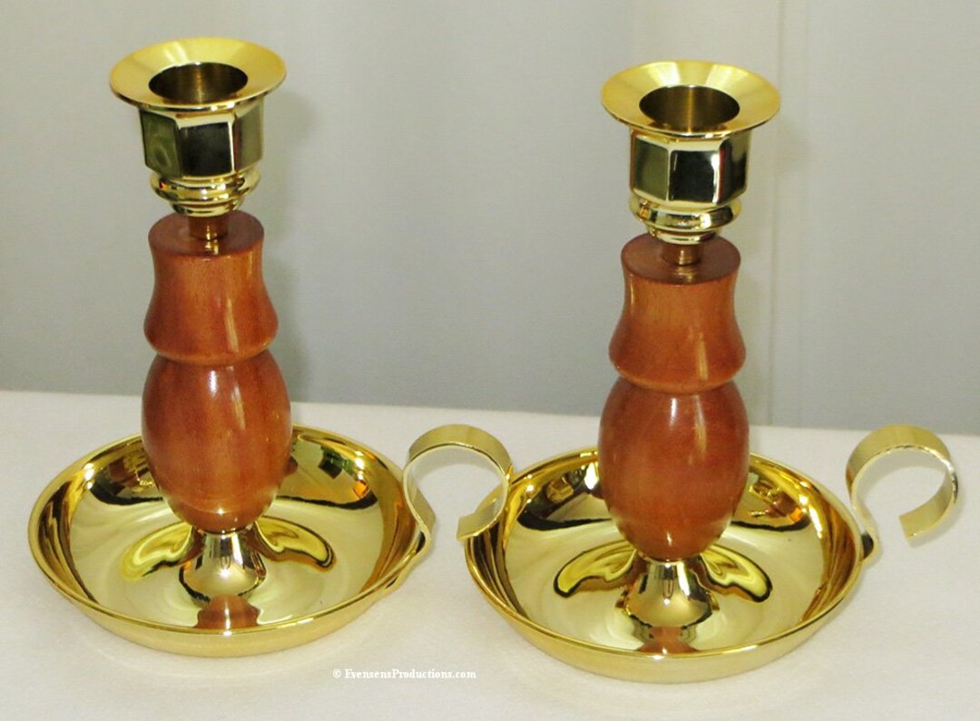 Polished Brass Hand Turned Quina Wood Pair Candlestick Holders - Hand ...