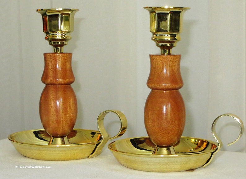 Polished Brass Hand Turned Quina Wood Pair Candlestick Holders - Hand ...