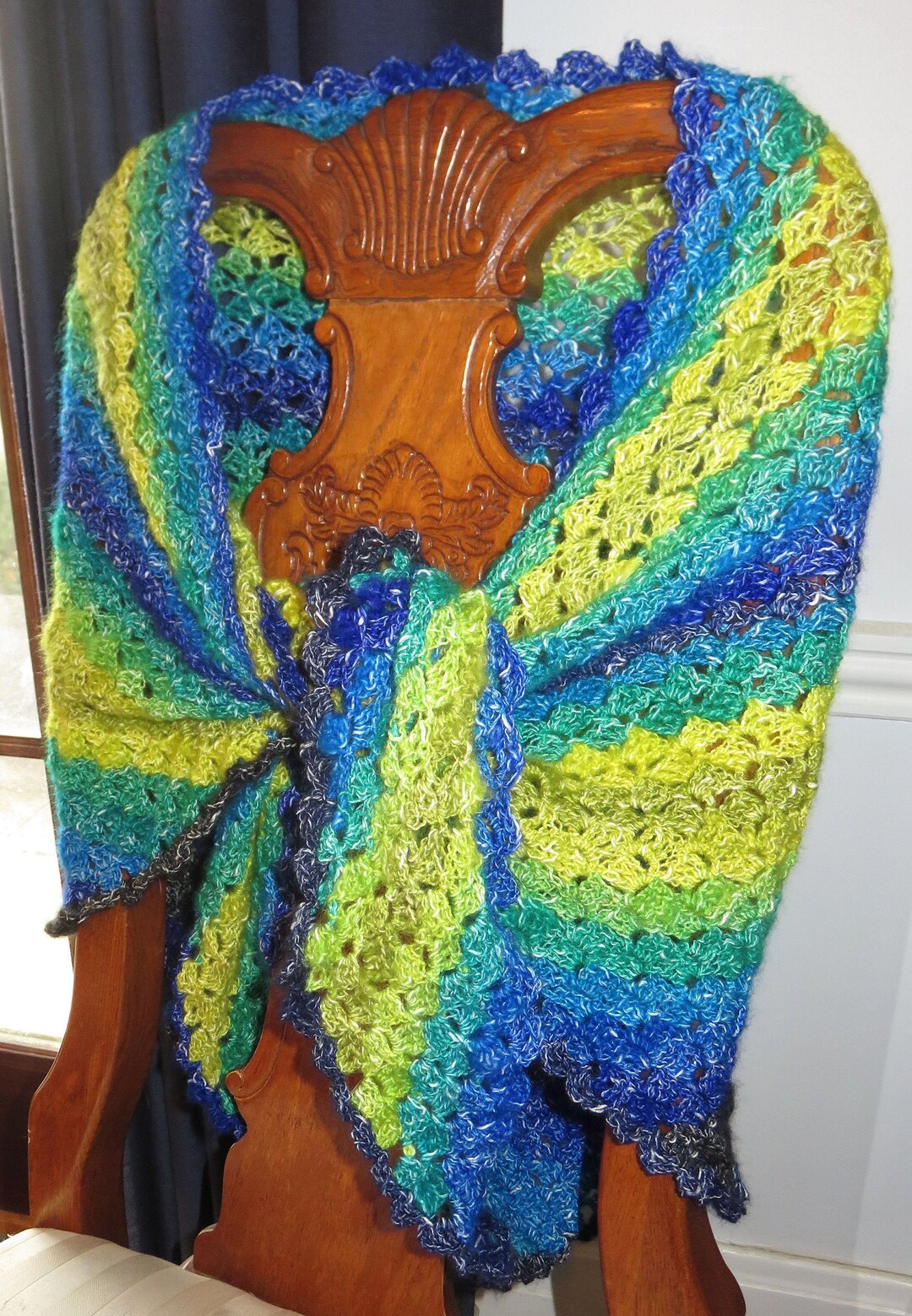 New Triangle Shawl Scarf - Blue Turquoise Green Chartreuse Hand Crochet ...