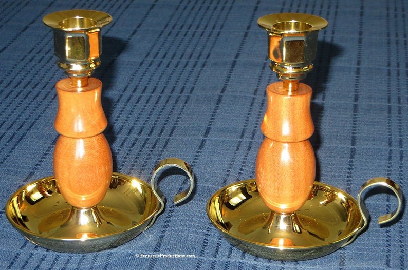 Polished Brass Hand Turned Quina Wood Pair Candlestick Holders - Hand ...