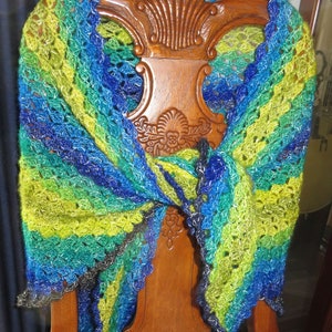 New Triangle Shawl Scarf - Blue Turquoise Green Chartreuse Hand Crochet ...