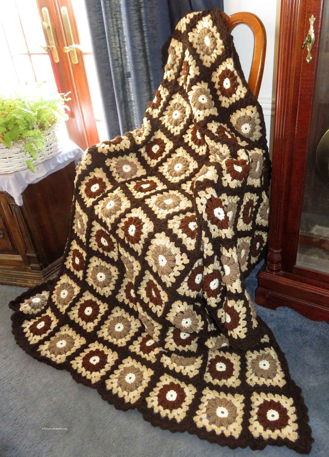 New Large Crochet Afghan Blanket Warm Browns Elegant Comfort Couch Bed ...