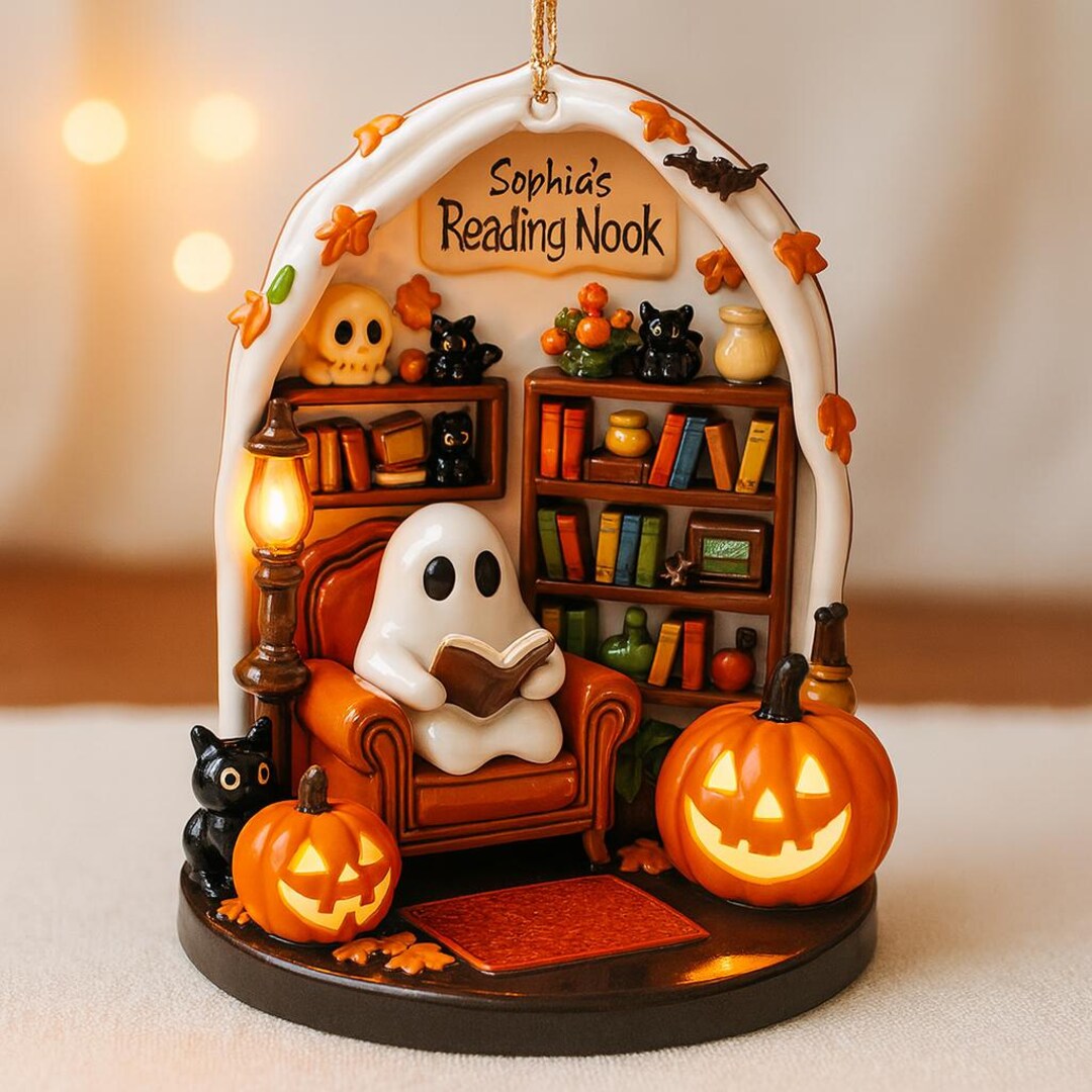 Cozy Ghost Reading Nook Ornament, Cute Halloween Decoration, Fall Shelf ...