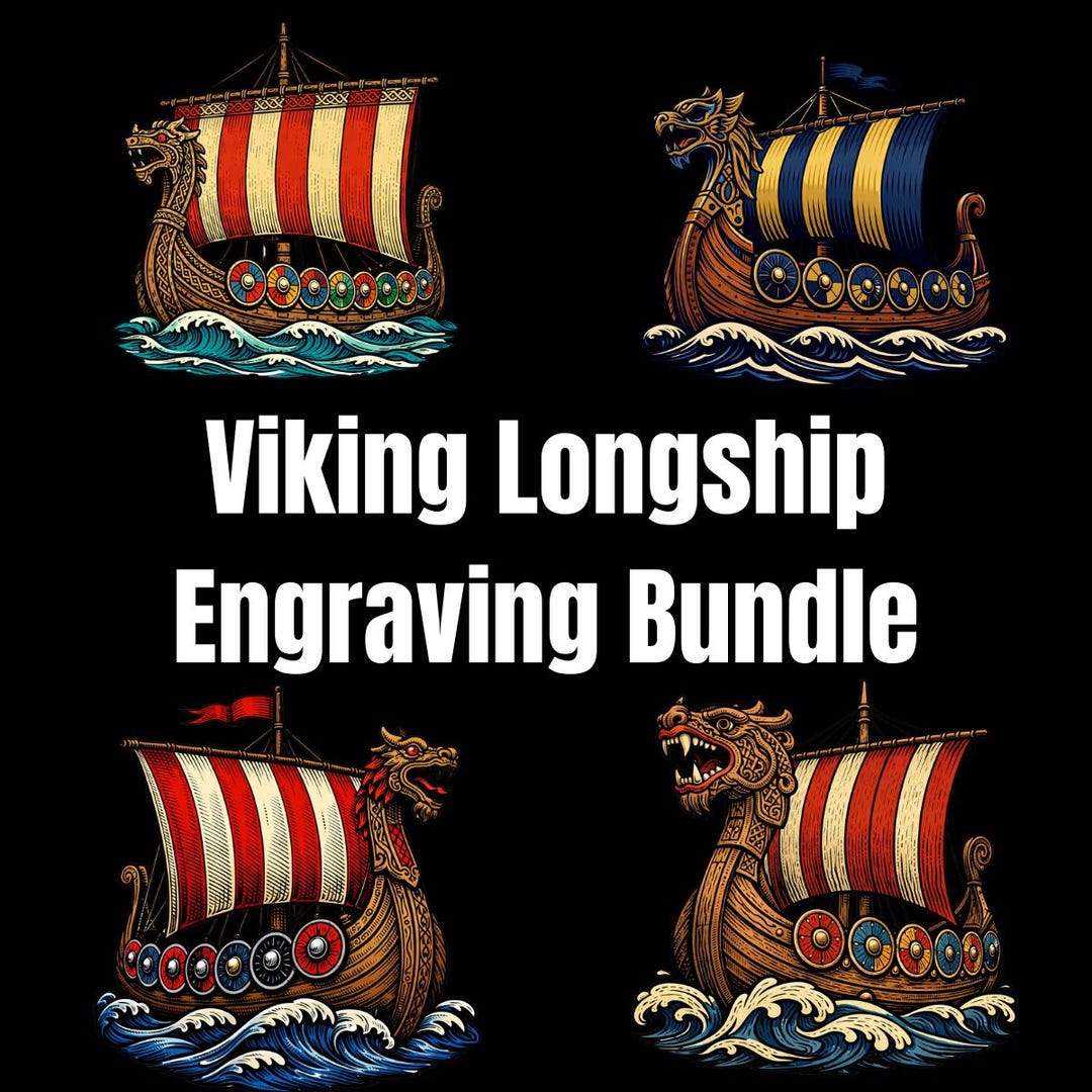 Viking Longship Illustration Bundle – 20 Colored Nordic Engraving Ships ...