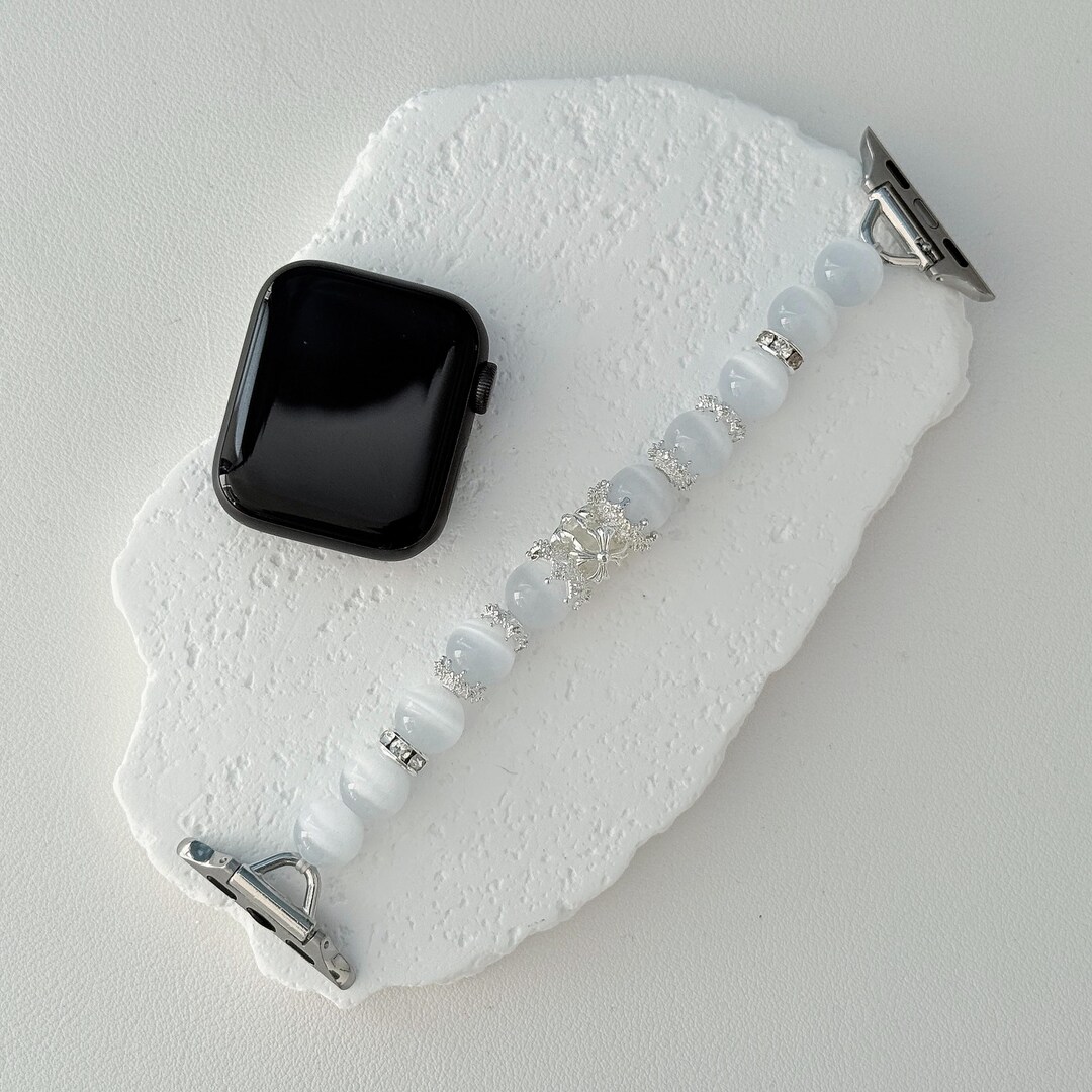 Elegant White Cat’s Eye Stone Apple Watch Band, Minimal Beaded Iwatch ...