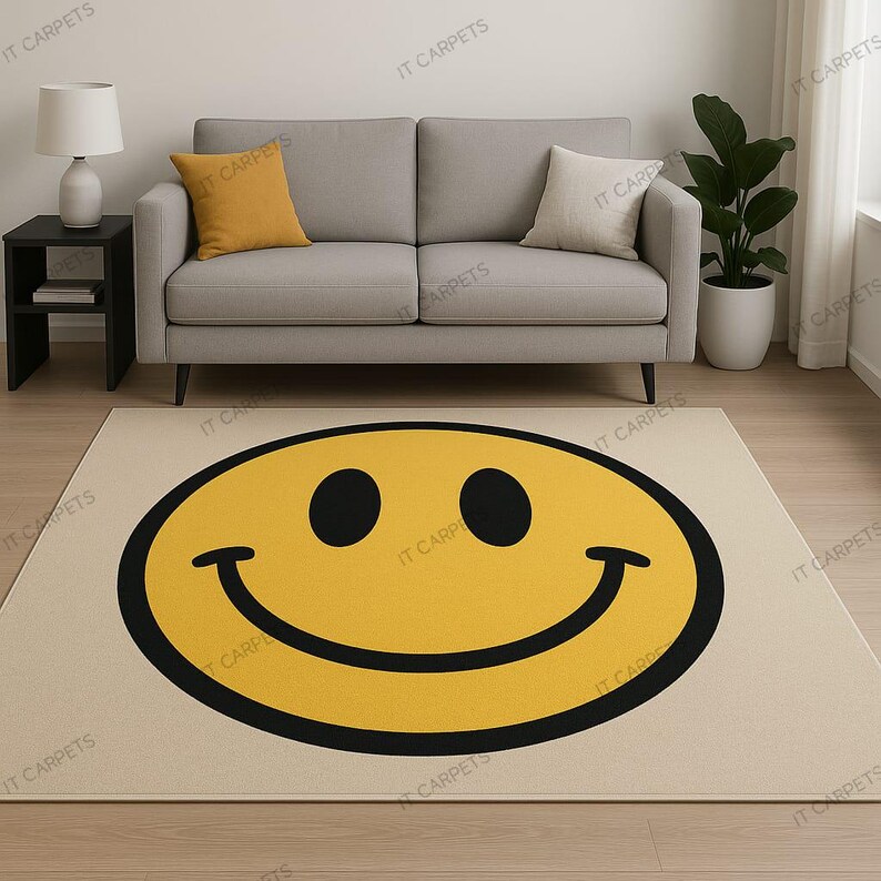 Smiley Face Area Rug | Modern Yellow Emoji Carpet - Etsy