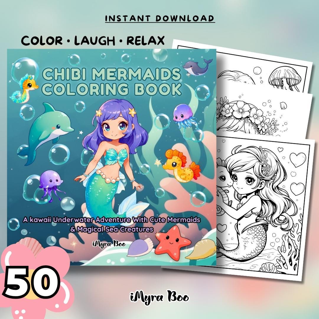 Chibi Mermaids Coloring Book, Kawaii Mermaid Coloring Pages for Kids ...
