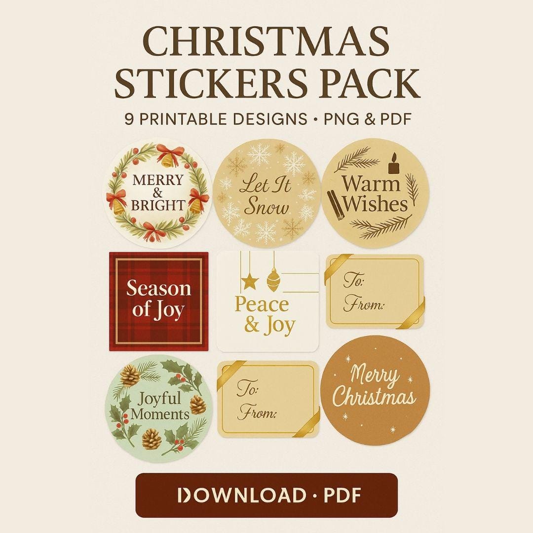 Christmas Stickers Pack 9 Printable Holiday Stickers PNG & PDF ...