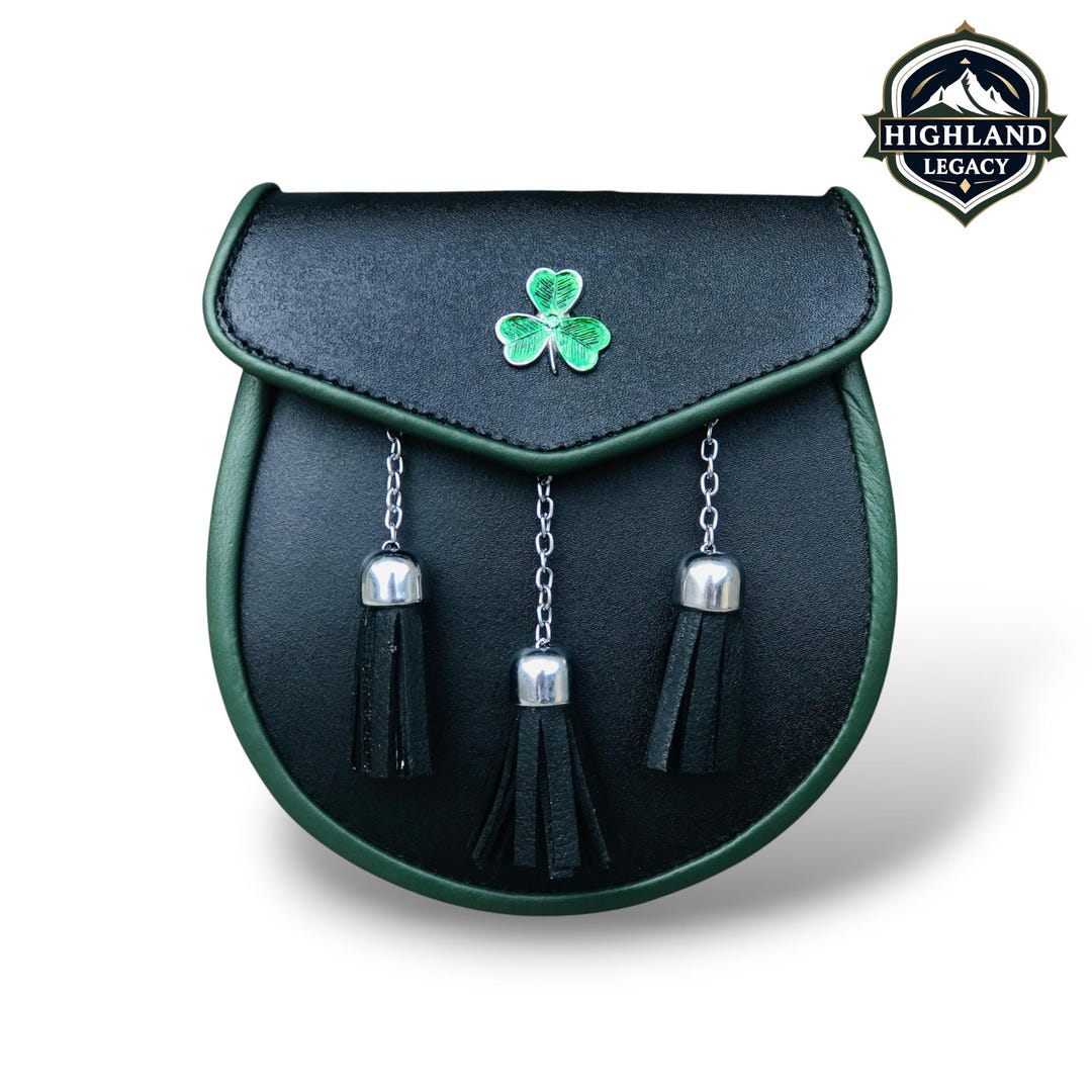 Dress Sporran, Black Green Leather, Kilt Pouch, Shamrock, Scottish ...