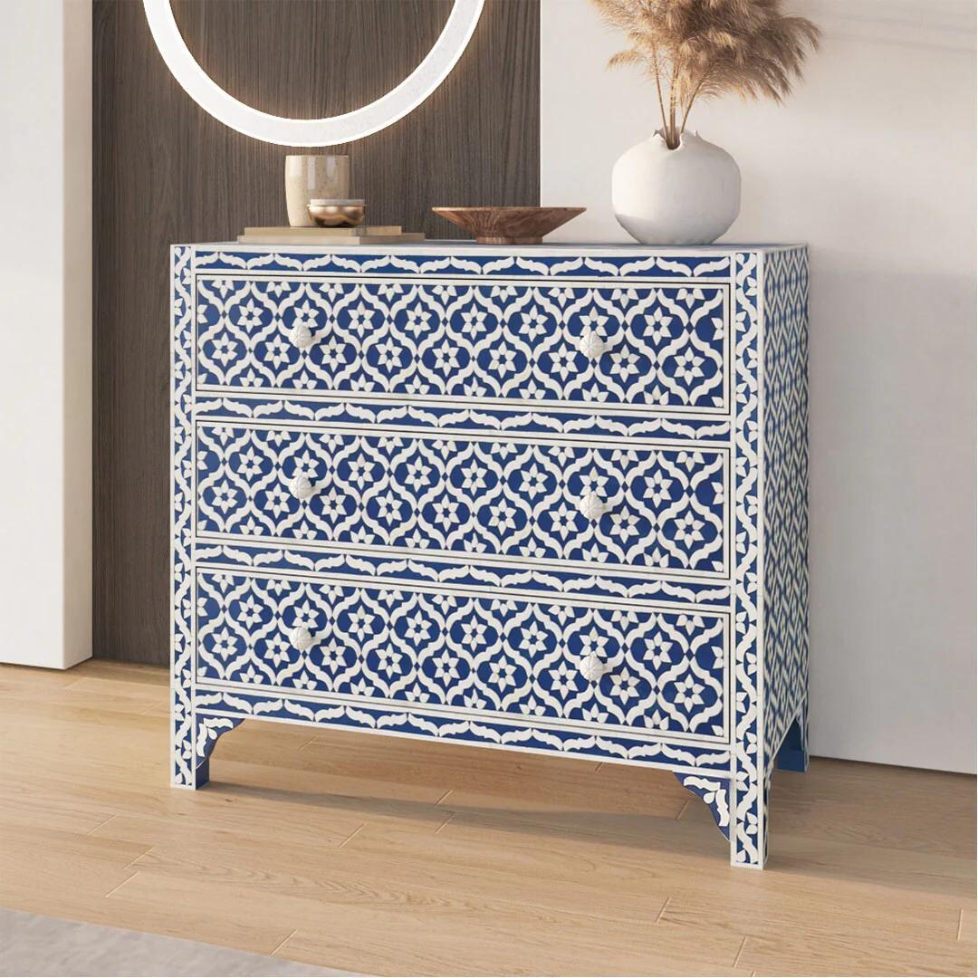 Aayid Dark Blue Bone Inlay Chest Drawers | Handmade Bedroom Storage ...