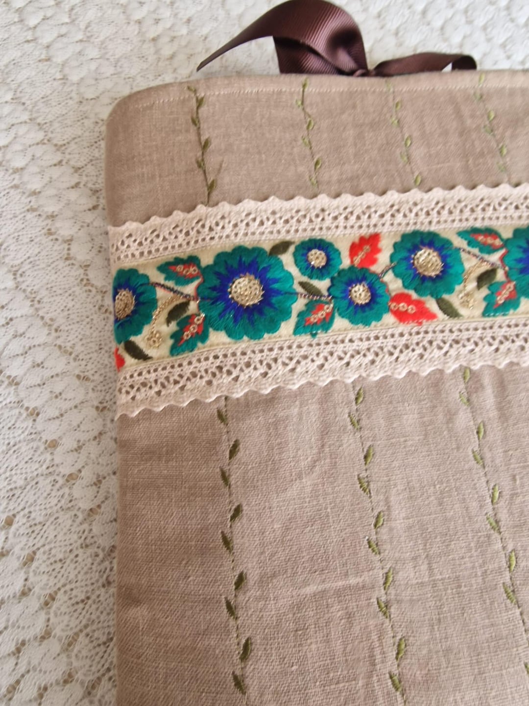 Handmade Linen Book Cover With Floral Embroidered Trim – Padded Fabric ...