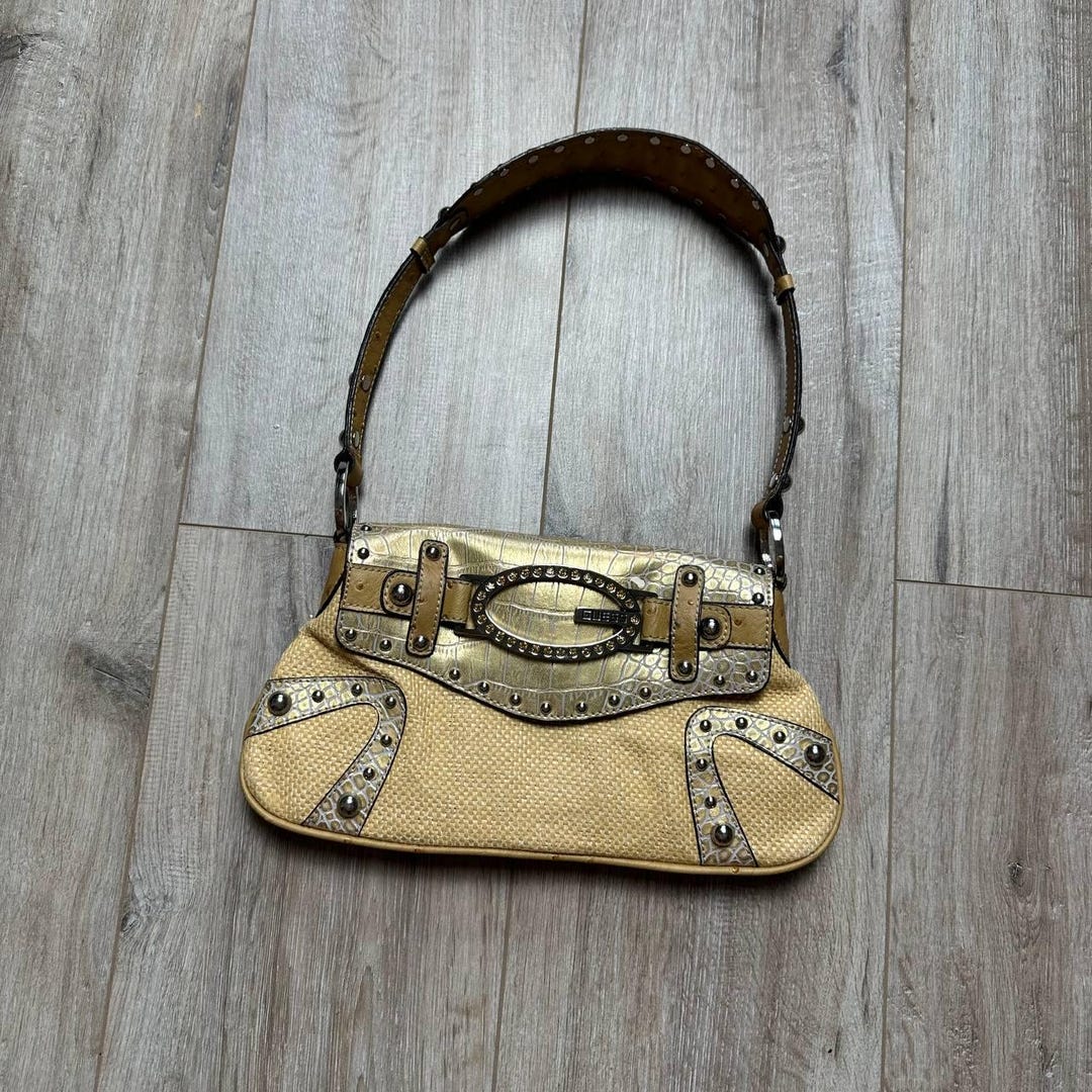 GUESS Y2K Vintage 1990s Metro Straw Leather Mini Shoulder Bag Gold ...