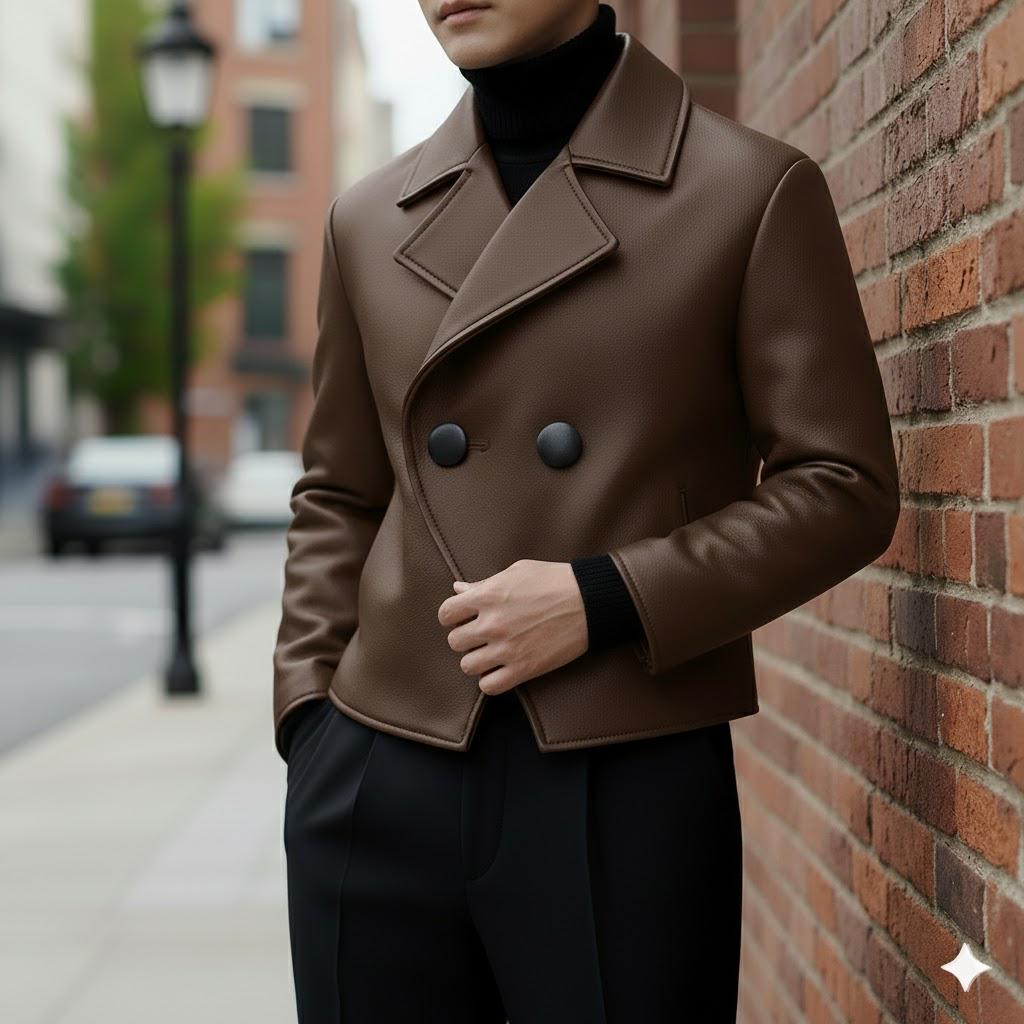 Leather Peacoat Jacket Handmade Cowhide Leather Double Breasted ...