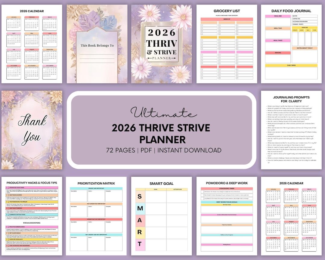 2026 Thrive Planner Printable | 62 Page Productivity & Goal Setting ...