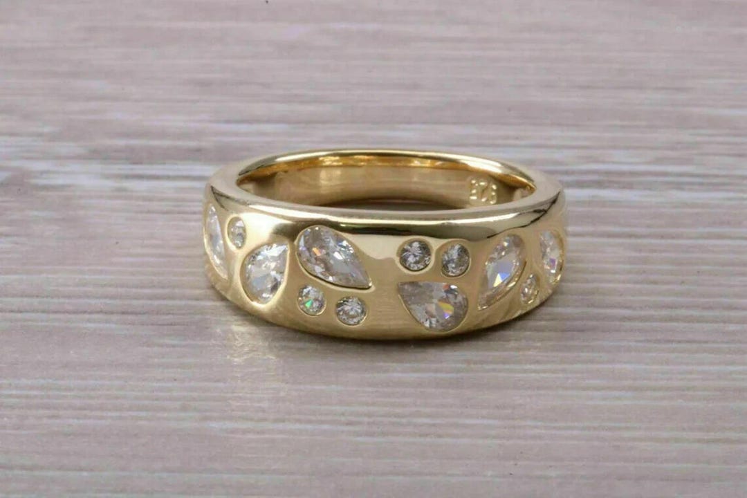 Wide Gold Diamond Pebble Band, Contemporary Flush Set Eternity Ring ...