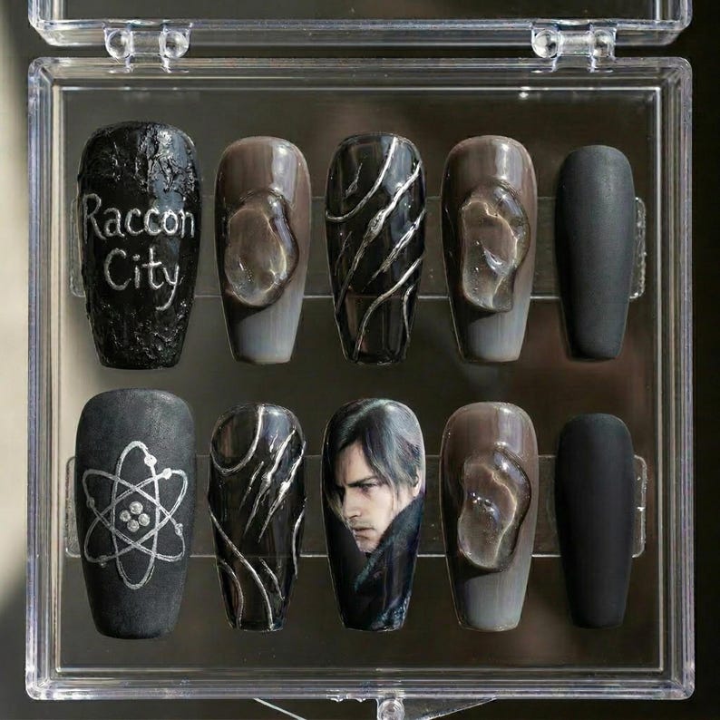 Resident Evil Leon S. Kennedy Coffin Press on Nails | Black Grey Sci-fi ...
